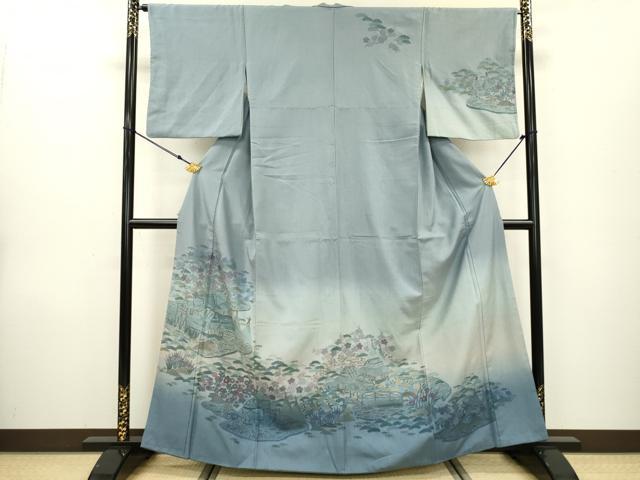 平和屋着物●中国三大刺繍　スワトウ刺繍　汕頭刺繍　相良刺繍　総刺繍　訪問着　紬地　風景花松文　正絹　逸品　DAAU9829fe