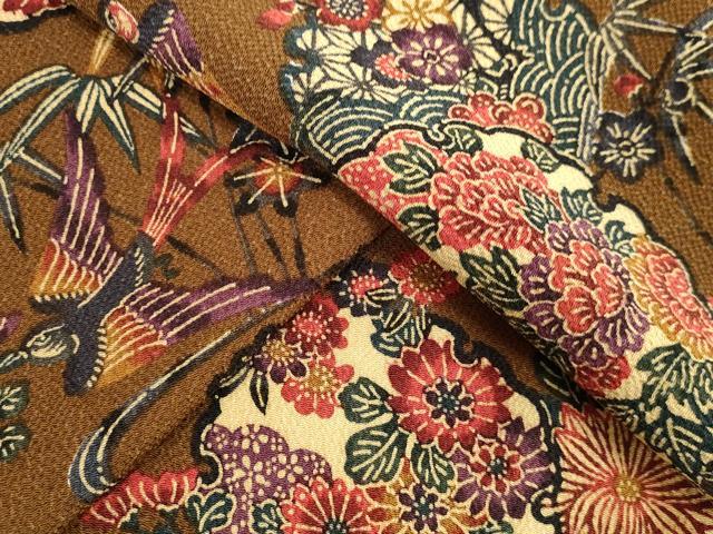 平和屋着物●上質な小紋　型染め　雪輪花鳥松文　鬼しぼ縮緬　正絹　逸品　DAAV1072tw