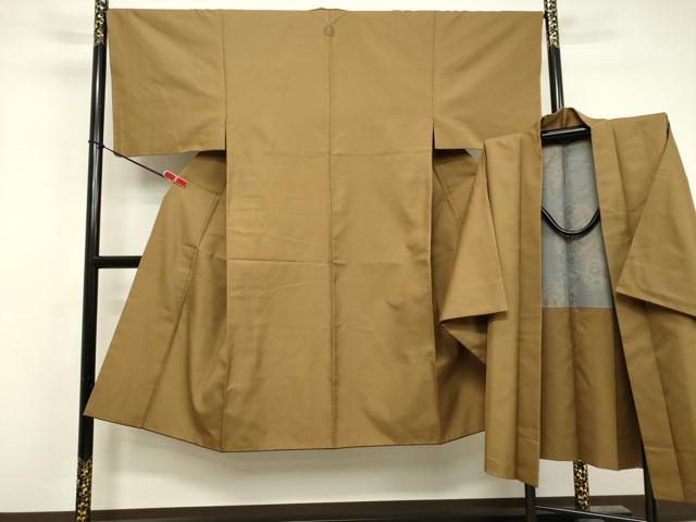 平和屋着物●男性　色無地　アンサンブル　朽葉色　正絹　逸品　DAAV1114tw