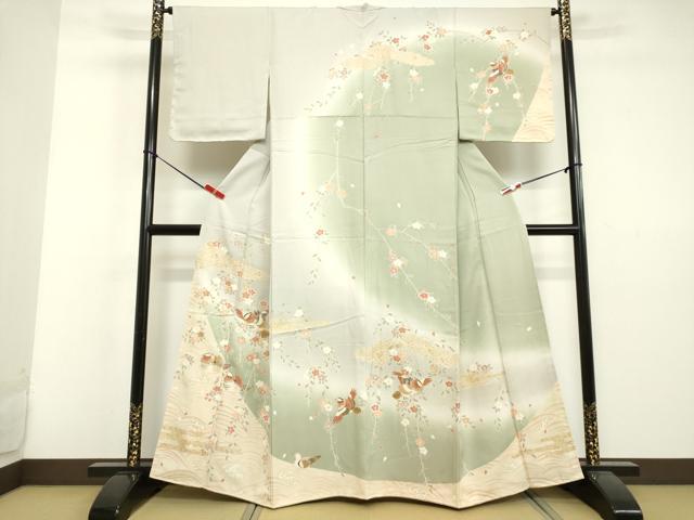 平和屋着物●訪問着　駒刺繍　鴛鴦枝花文　暈し染め　金彩　正絹　逸品　DAAV1130tw