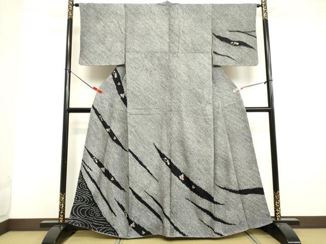 平和屋着物●訪問着　総絞り　刺繍　流水草花文　黒地　正絹　逸品　DAAV1162tw