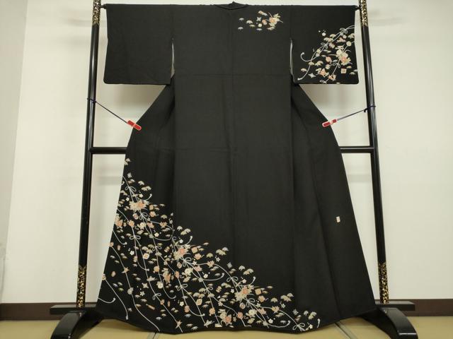 平和屋着物●訪問着　作家物　宝尽くし草花文　黒地　金彩　正絹　逸品　DAAV1189tw