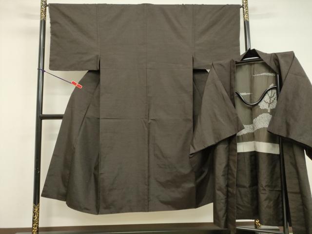 平和屋着物●男性　紬　アンサンブル　鉄黒色　正絹　逸品　DAAV1247tw