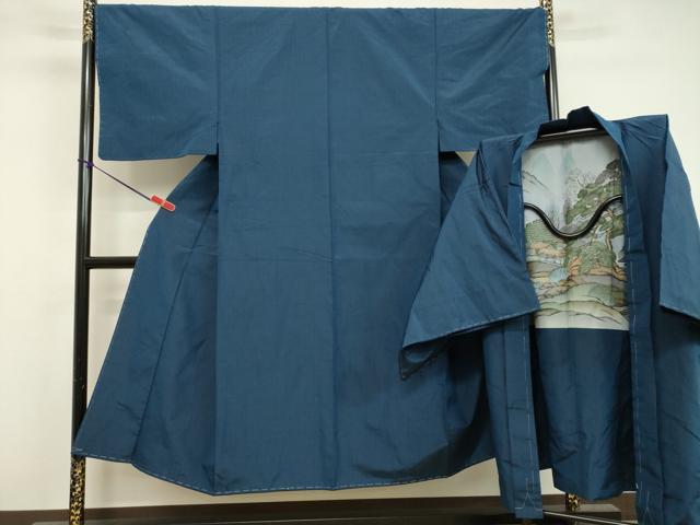 平和屋着物●男性　紬　アンサンブル　青藍色　正絹　逸品　未使用　DAAV1254tw