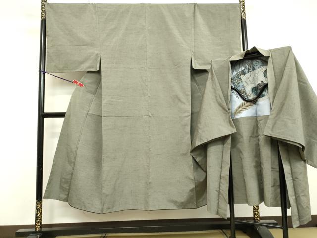 平和屋着物●男性　紬　アンサンブル　利休鼠色　正絹　逸品　DAAV1388tw