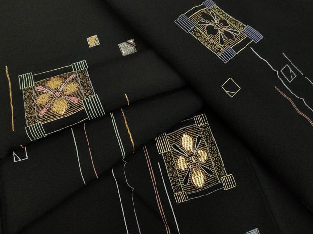 平和屋着物●訪問着　竹屋町刺繍　抽象文様　黒地　金銀彩　正絹　逸品　未使用　DAAV1459tw