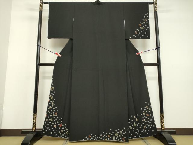 平和屋着物●訪問着　絞り　刺繍　宝尽くし文　黒地　金彩　鬼しぼ縮緬　正絹　逸品　DAAV1475tw