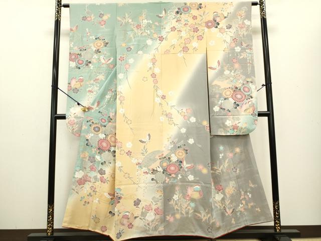 平和屋着物●豪華振袖　扇面吉祥鴛鴦花蝶文　暈し染め　金彩　正絹　逸品　DAAV3281du