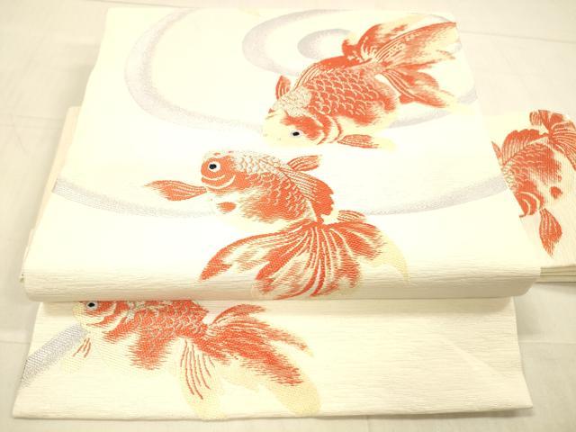 平和屋着物＊夏物　つけ帯　流水金魚文　銀糸　正絹　逸品　DAAV3986cm