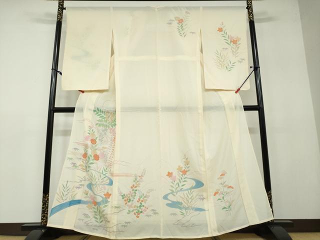 平和屋着物＊夏物　訪問着　絽　流水草花文　銀彩　正絹　逸品　未使用　DAAV4667ud