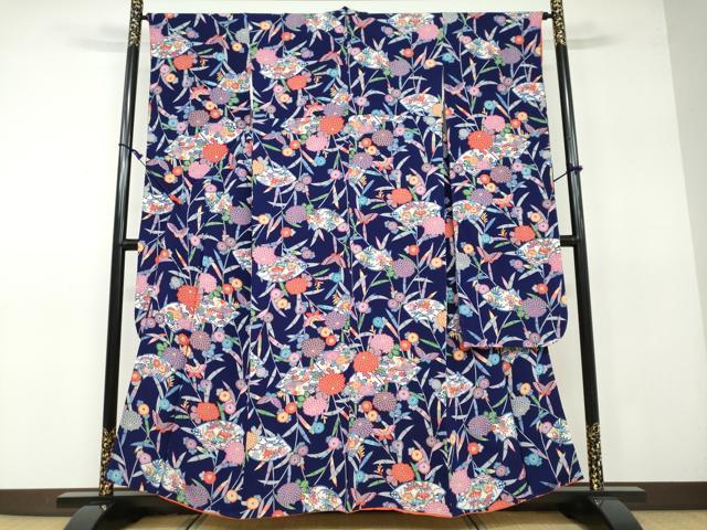 平和屋着物●豪華振袖　型染め　紅型　地紙花鳥文　鬼しぼ縮緬　正絹　逸品　DAAV4837ud