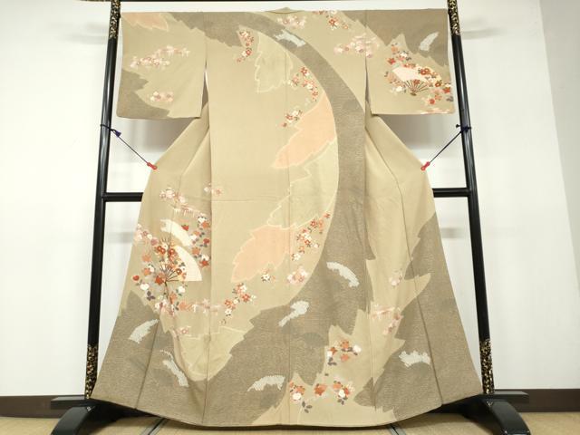 平和屋着物●訪問着　駒刺繍　檜扇草花文　金彩　正絹　逸品　DAAV4845ud