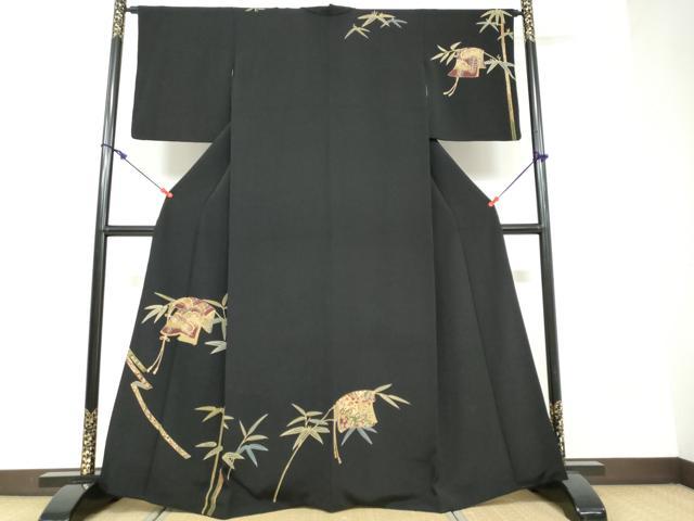 平和屋着物●訪問着　吉祥笹竹文　黒地　金彩　鬼しぼ縮緬　正絹　逸品　DAAV4909ud