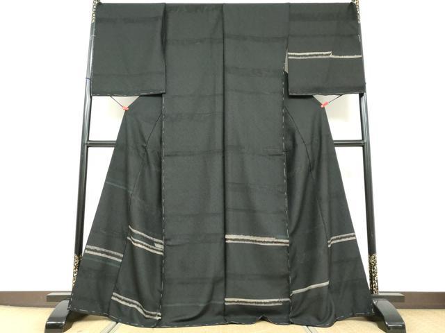 平和屋着物●本場染大島紬　訪問着　横段文　黒地　仮絵羽　正絹　逸品　未使用　DAAV4910ud