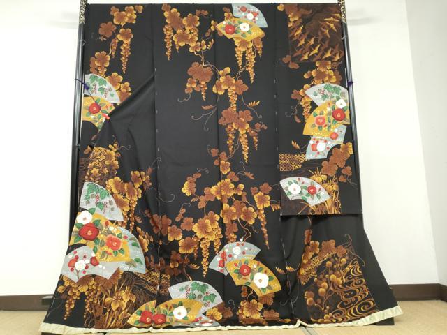 平和屋着物●豪華振袖　地紙葡萄蔦の葉文　黒地　金銀彩　仮絵羽　逸品　未使用　DAAV4916ud