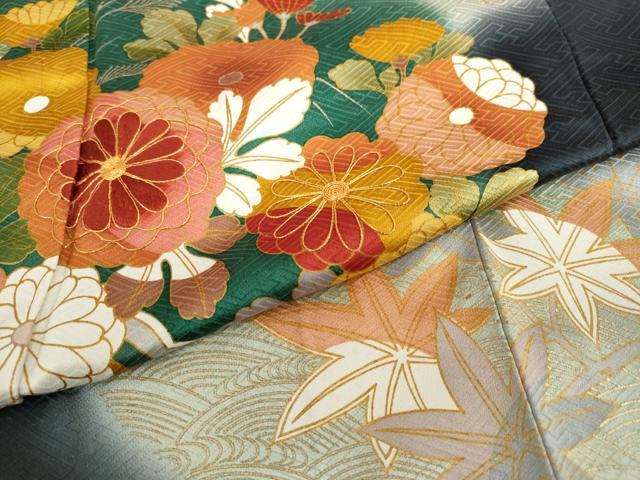 平和屋着物●豪華振袖　駒刺繍　草花文　蛍暈し　黒地　金彩　正絹　逸品　未使用　DAAV4925ud 平和屋着物○豪華振袖 駒刺繍 草花文 蛍暈し 黒地 金彩 正絹