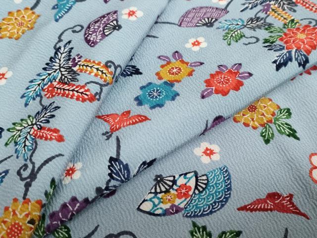 平和屋着物●上質な小紋　型染め　扇面花鳥文　正絹　逸品　DAAV4945ud