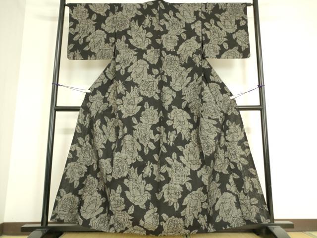 平和屋着物▽上質な紬　単衣　薔薇　黒地　正絹　逸品　DAAV5032az