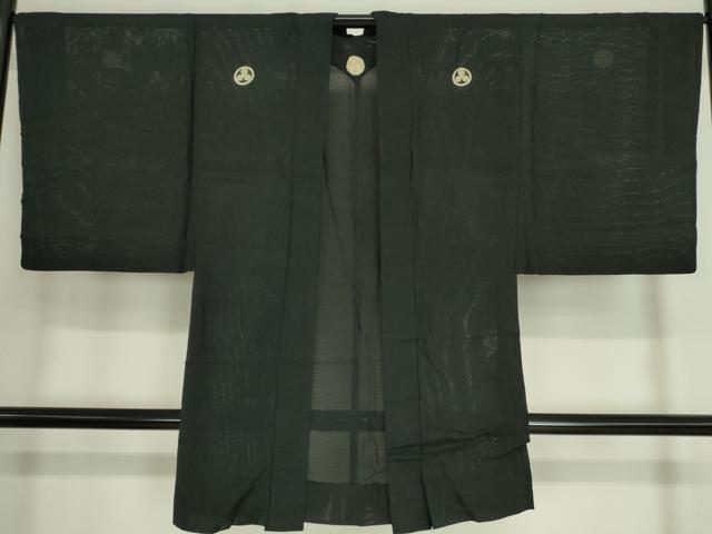 平和屋着物▽男性　黒紋付　長羽織　絽　正絹　逸品　DAAV5069az