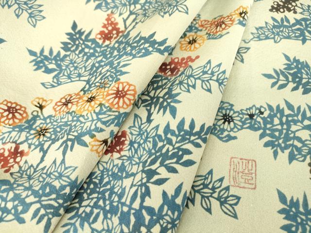 平和屋着物▽上質な小紋　単衣　作家物　藍　型染　草花文　正絹　逸品　DAAV5080az