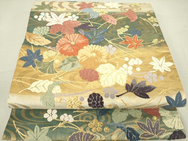平和屋着物●六通柄袋帯　唐織　菊楓文　金糸　正絹　逸品　DAAV5149az
