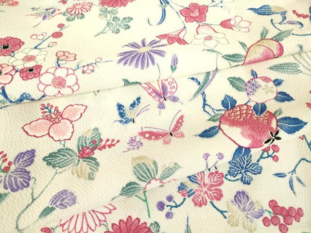 平和屋着物▽上質な小紋　単衣　花鳥文　型染　鬼しぼ縮緬　正絹　逸品　DAAV5221az