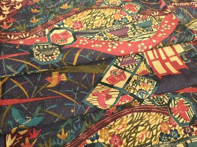 平和屋着物▽上質な小紋　単衣　型染　風景花鳥文　鬼しぼ縮緬　正絹　逸品　DAAV5317az