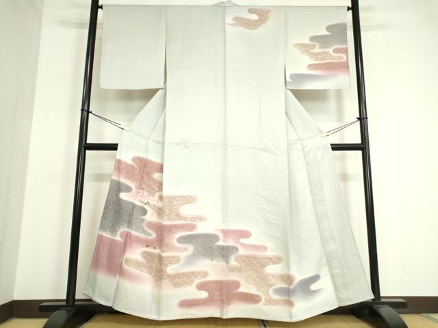 平和屋着物▽訪問着　単衣　刺繍　霞花鳥文　暈し染め　金彩　正絹　逸品DAAV5348az