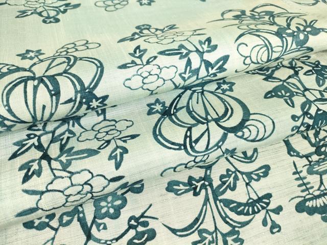 平和屋着物▽上質な小紋　単衣　紬地　型染め　草花文　正絹　逸品　DAAV5577az