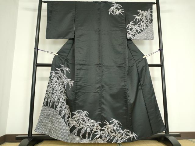 平和屋着物▽訪問着　単衣　笹竹文　黒地　洗える着物　DAAV5694az