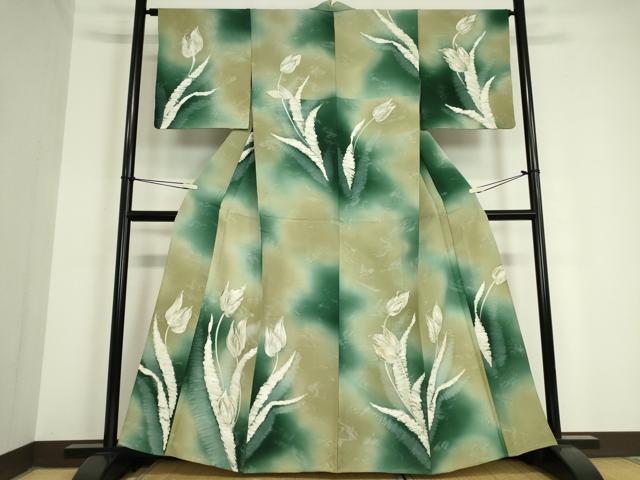 平和屋着物▽訪問着　単衣　草花文　手描き　暈し染め　金彩　正絹　逸品　DAAV5753az