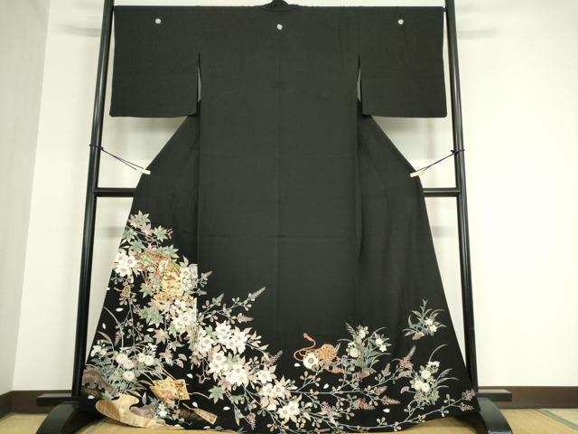 平和屋着物▽豪華黒留袖　単衣　駒刺繍　御所車楽器花文　金銀彩　正絹　逸品　DAAV5916az