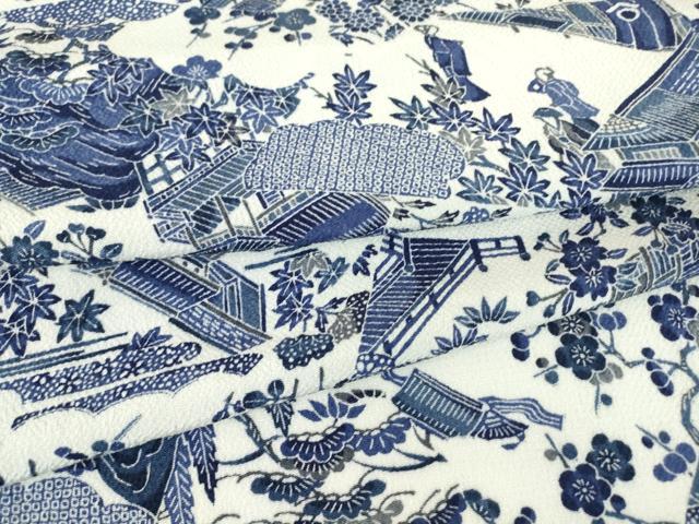 平和屋着物▽上質な小紋　単衣　型染　人物風景文　鬼しぼ縮緬　正絹　逸品　DAAV5965az