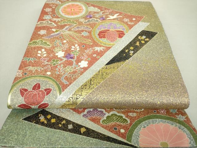 平和屋着物●京友禅の第一人者　松井青々　太鼓柄袋帯　駒刺繍　花鳥丸文　金銀彩　金通し地　正絹　逸品　未使用　DAAV6060ps