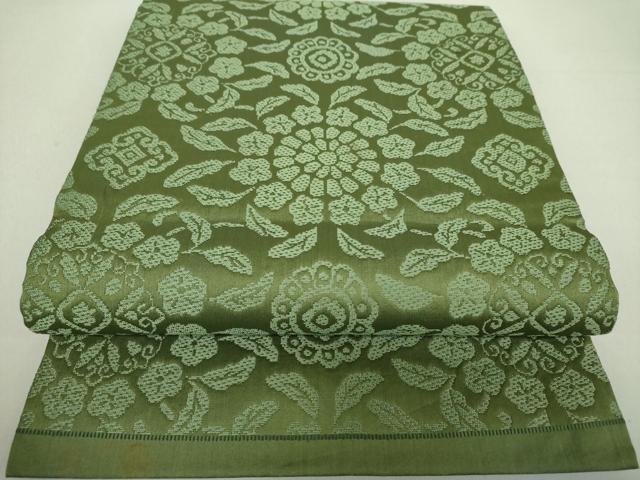 平和屋着物●九寸開き名古屋帯　唐織　花丸文　濃老竹色　正絹　逸品　DAAV6066ps