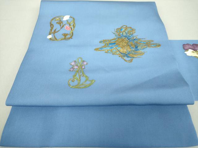 平和屋着物●塩瀬　九寸名古屋帯　作家物　手描き　花鳥文　金彩　正絹　逸品　DAAV6070ps