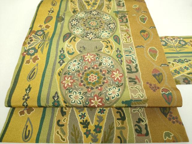 平和屋着物●全通柄九寸名古屋帯　花丸間道　鬼しぼ縮緬　金彩　正絹　逸品　未使用　DAAV6076ps