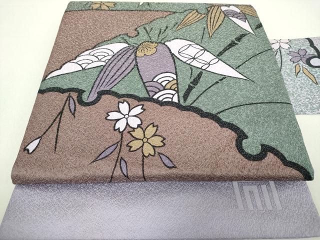 平和屋着物●九寸名古屋帯　雪輪青海波　枝垂れ桜　笹文　銀通し地　正絹　逸品　DAAV6077ps