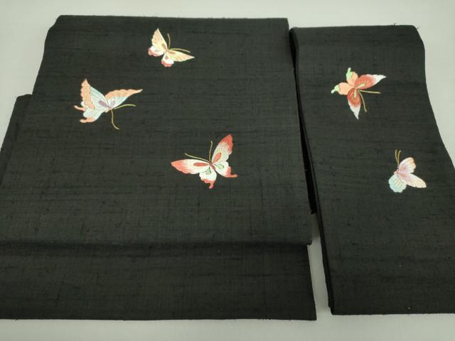 平和屋着物●つけ帯　紬地　総刺繍　舞蝶文　黒地　金糸　正絹　逸品　未使用　DAAV6082ps