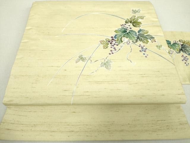 平和屋着物●九寸名古屋帯　白山紬　友禅　作家物　葡萄蔦の葉文　正絹　逸品　DAAV6113ps