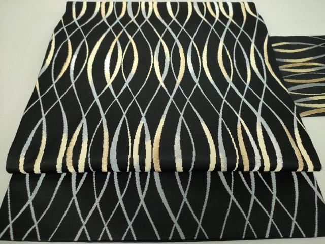 平和屋着物●九寸名古屋帯　変わり間道　黒地　金糸　正絹　逸品　DAAV6114ps