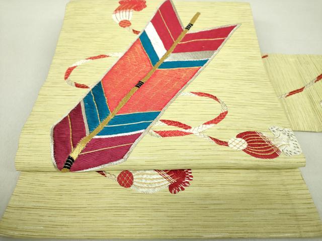 平和屋着物●アンティーク　大正ロマン　中国三大刺繍　相良刺繍　九寸名古屋帯　駒刺繍　総刺繍　矢羽根　金銀糸　正絹　逸品　DAAV6224ps