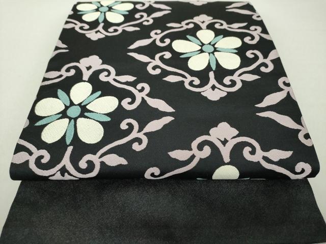 平和屋着物●九寸開き名古屋帯　唐織　花菱文　黒地　正絹　逸品　DAAV6254ps