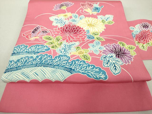 平和屋着物●塩瀬　九寸名古屋帯　型染　柴垣舞蝶花文　正絹　逸品　DAAV6257ps