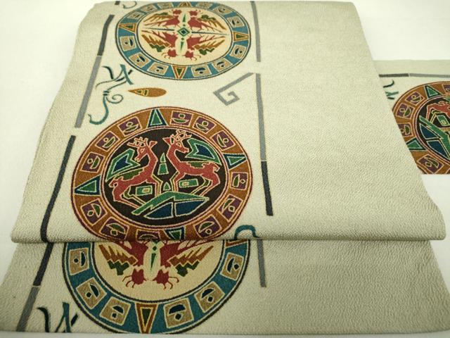 平和屋着物●九寸名古屋帯　鳥獣丸文　鬼しぼ縮緬　正絹　逸品　DAAV6280ps