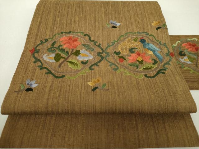 平和屋着物●九寸名古屋帯　紬地　絽刺し　総刺繍　花鳥更紗　金糸　正絹　逸品　DAAV6282ps