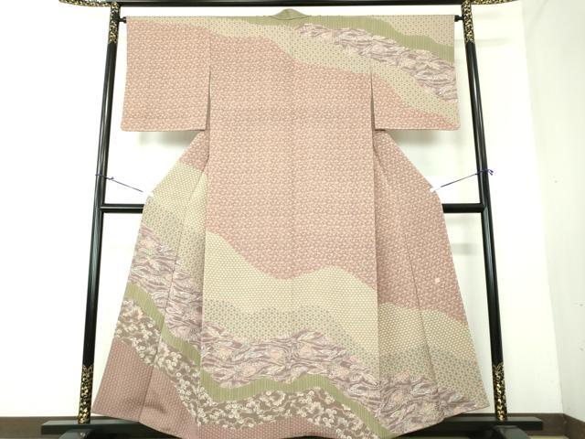 平和屋着物●訪問着　作家物　型染　道長舞蝶花文　笹蔓緞子　鬼しぼ縮緬　正絹　逸品　DAAV6364ps