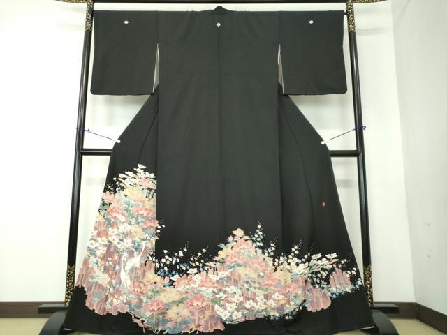 平和屋着物●本場加賀友禅作家　杉浦伸　黒留袖　立鶴　草花風景　正絹　逸品　DAAV6369ps