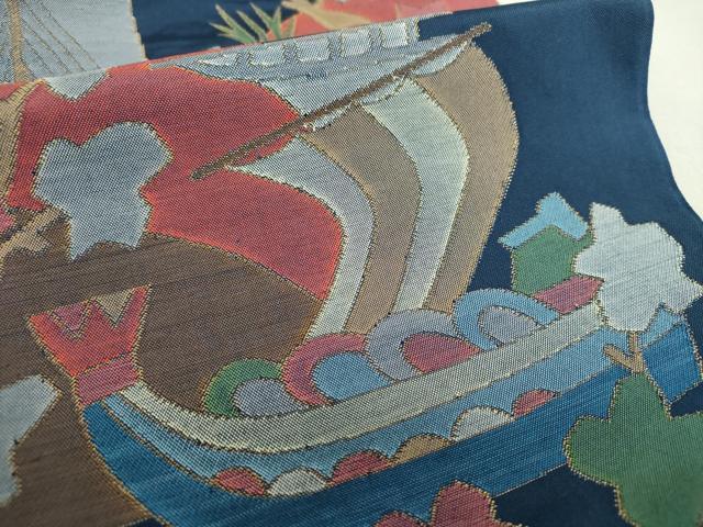 平和屋着物○六通柄袋帯 南蛮船 枝花文 金糸 正絹 逸品