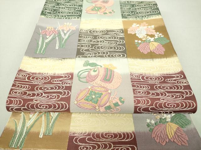 平和屋着物●六通柄袋帯　唐織　能楽　市松宝尽くし花文　金銀糸　正絹　逸品　DAAV6442ps